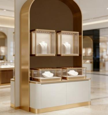 China High-End LED Lit White & Gold Jewelry Tall Display Case Arched Frame Glass Showcase with Storage Cabinet for Showroom Retail for sale