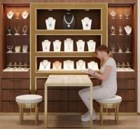 China Luxury LED Lit Wall Mounted Jewelry Display Cabinet with Wood & Gold Metal Frame Glass Showcase and Storage Drawers for sale