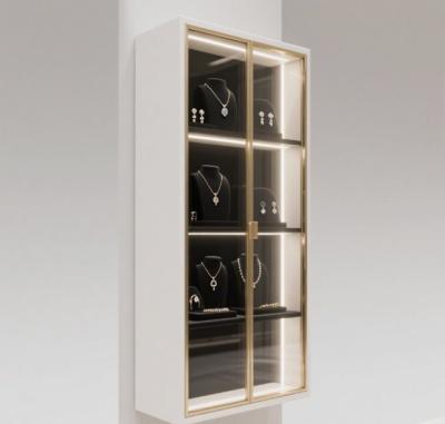 China Rounded Corner Island Jewelry Display Counter | Cream Body Rose Gold Trim | Glass Showcase LED Lights | Durable Luxury Malls for sale