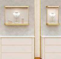China Light Luxury Customized Wall Mounted Jewelry Showcase Champagne Gold Stainless Steel Glass Wall Cabinet LED Light Showroom for sale