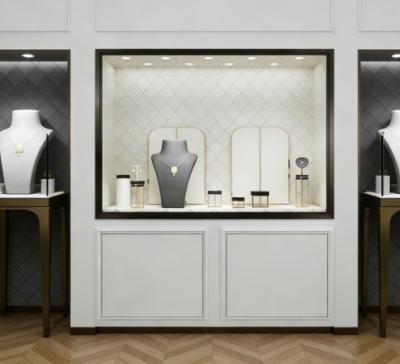 China Luxury Iron Jewelry Display Set Wall-Mounted Showcase Tabletop Counter LED Lighting White Gold Frame Jewelry Store for sale