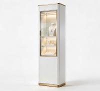 China Custom Luxury Tall Jewelry Display Cabinet, Premium White & Gold Stainless Steel Glass Showcase for High-End Jewelry Boutique for sale