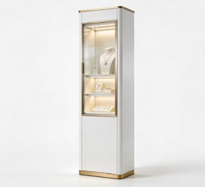China Custom Luxury Tall Jewelry Display Cabinet, Premium White & Gold Stainless Steel Glass Showcase for High-End Jewelry Boutique for sale