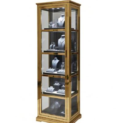 China Custom Gold LED Lit Metal Freestanding Multi-Layer Jewelry Display Tower with Durable Design for Retail Stores for sale