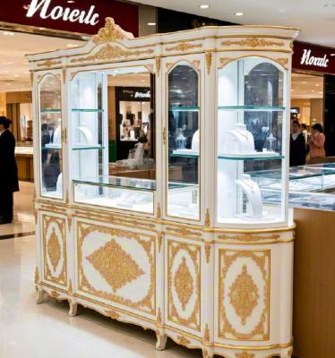 China French Baroque Tall Jewelry Display Cabinet | White Gold Carved Wood | LED Glass Showcase for Retail Store & Mall for sale