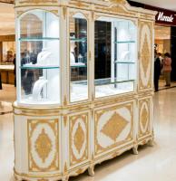 China French Baroque Tall Jewelry Display Cabinet | White Gold Carved Wood | LED Glass Showcase for Retail Store & Mall for sale