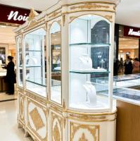 China French Baroque Tall Jewelry Display Cabinet | White Gold Carved Wood | LED Glass Showcase for Retail Store & Mall for sale