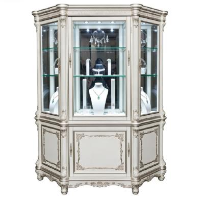 China French Baroque Hexagonal Jewelry Display Cabinet | Ivory White Gold Carved Frame | Multi-Sided Glass Showcase Built-in LED Malls for sale