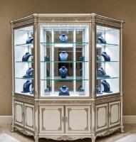China French Baroque Hexagonal Jewelry Display Cabinet | Ivory White Gold Carved Frame | Multi-Sided Glass Showcase Built-in LED Malls for sale