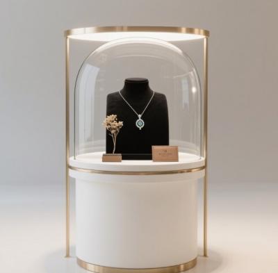 China Luxury Double Dome Jewelry Display Pedestal for Shopping Malls | Cream Body with Brushed Gold Trim | Glass Cloche Top LED Lights for sale