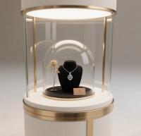 China Luxury Double Dome Jewelry Display Pedestal for Shopping Malls | Cream Body with Brushed Gold Trim | Glass Cloche Top LED Lights for sale