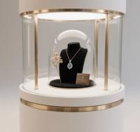 China Luxury Double Dome Jewelry Display Pedestal for Shopping Malls | Cream Body with Brushed Gold Trim | Glass Cloche Top LED Lights for sale