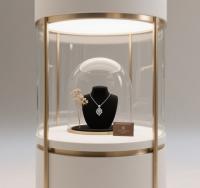China Luxury Double Dome Jewelry Display Pedestal for Shopping Malls | Cream Body with Brushed Gold Trim | Glass Cloche Top LED Lights for sale