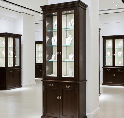 China Classic Solid Wood Tall Jewelry Display Cabinet with LED Lighting | Dark Walnut Finish | Retail Store & Mall Showcase Storage for sale