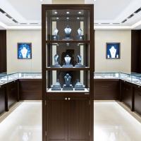 China Classic Solid Wood Tall Jewelry Display Cabinet with LED Lighting | Dark Walnut Finish | Retail Store & Mall Showcase Storage for sale