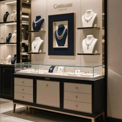 China Elegant Jewelry Shop Showcase Solid Wood Metal Frame Transparent Glass Display Cabinet for sale