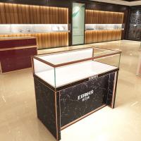 China Stone Veneer Jewellery Display Table Gold Metal Frame LED Light Glass Top Rectangular Jewelry Showcase Counter Display Case for sale