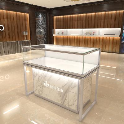 China Bright LED Jewelry Cabinet Wood Base Metal Frame Transparent Glass Display Showcase for sale