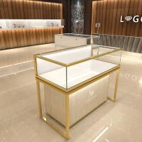 China Bright LED Jewelry Cabinet Wood Base Metal Frame Transparent Glass Display Showcase for sale