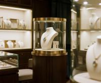 China Modern Jewelry Display Case Clear Glass Stainless Steel Frame with LED Lighting for sale