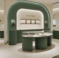 China Classic LED Jewelry Center Showcase Metal Wooden Frame Clear Glass Display Furniture for sale
