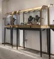 China Custom Dome Glass Jewelry Display Case with LED Lighting Black Stand & Gold Trim for Retail Stores for sale