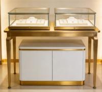 China Luxury Gold Frame Glass Jewelry Display Case with White Leather Base LED Lighting for Retail Stores & Luxury Malls for sale