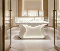 China Commercial Interior Design for Jewelry Showroom Display Cabinets with Tempered Glass and Metal Vintage Gold Finish for sale