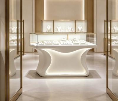 China Commercial Interior Design for Jewelry Showroom Display Cabinets with Tempered Glass and Metal Vintage Gold Finish for sale