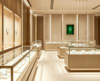China Custom High-End Jewelry Store Warm Gold & Wood Display Counter, Glass Showcase for Luxury Diamonds & Gemstones for sale