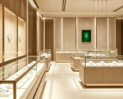 China Custom High-End Jewelry Store Warm Gold & Wood Display Counter, Glass Showcase for Luxury Diamonds & Gemstones for sale