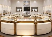 China Luxury Curved Island Jewelry Display Showcase with LED Lighting Gold Frame & White Leather Base for Retail Stores for sale
