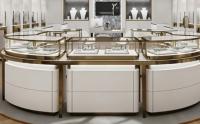 China Luxury Curved Island Jewelry Display Showcase with LED Lighting Gold Frame & White Leather Base for Retail Stores for sale