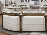China Luxury Curved Island Jewelry Display Showcase with LED Lighting Gold Frame & White Leather Base for Retail Stores for sale