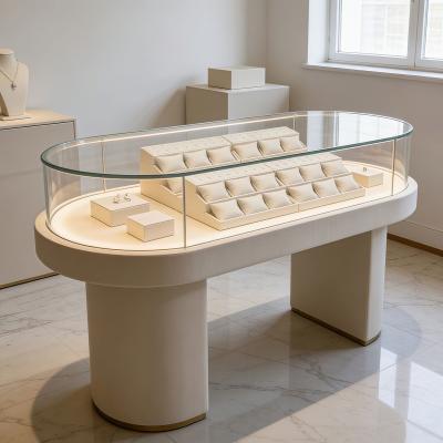 China Retail Jewelry Display Cabinet Wooden Structure Glass Front Stainless Steel Details for sale