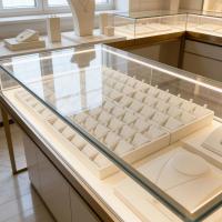 China Retail Jewelry Display Cabinet Wooden Structure Glass Front Stainless Steel Details for sale