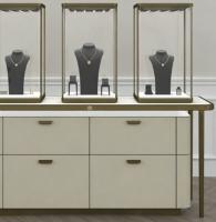 China Elegant Gold/Stainless Steel Jewelry Display Table with Glass Top and LED Lighting for Luxury Retail and Mall for sale