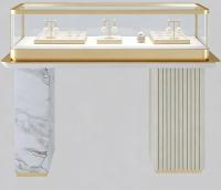 China Luxury Modern Multi-Layer Tall Jewelry Display Showcase with Gold Frame and LED Lighting Customized for Luxury Shopping Malls for sale