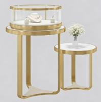 China Luxury Modern Multi-Layer Tall Jewelry Display Showcase with Gold Frame and LED Lighting Customized for Luxury Shopping Malls for sale