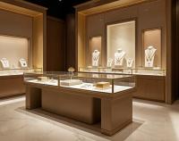 China Elegant Champagne Gold Jewelry Display Case, Modern Glass Showcase for Luxury Gold Jewelry Store for sale