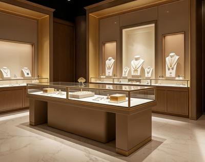 China Elegant Champagne Gold Jewelry Display Case, Modern Glass Showcase for Luxury Gold Jewelry Store for sale