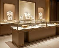 China Elegant Champagne Gold Jewelry Display Case, Modern Glass Showcase for Luxury Gold Jewelry Store for sale