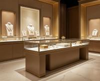 China Elegant Champagne Gold Jewelry Display Case, Modern Glass Showcase for Luxury Gold Jewelry Store for sale