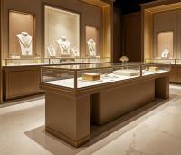 China Elegant Champagne Gold Jewelry Display Case, Modern Glass Showcase for Luxury Gold Jewelry Store for sale
