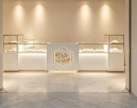 China Custom Modern Jewelry Display Showcase Aluminium LED Lighting Wood Glass Black Gold Commercial Retail Store Display for sale