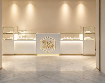 China Custom Modern Jewelry Display Showcase Aluminium LED Lighting Wood Glass Black Gold Commercial Retail Store Display for sale