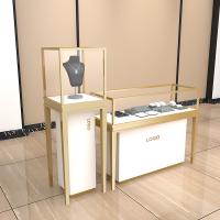 China Custom Modern Jewelry Display Showcase Aluminium LED Lighting Wood Glass Black Gold Commercial Retail Store Display for sale