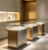 China Custom Modern Jewelry Display Showcase Aluminium LED Lighting Wood MDF Glass Black Gold Commercial Retail Showroom Display for sale