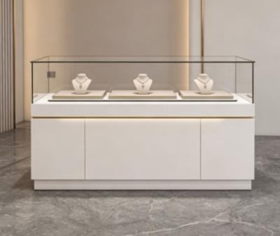 China Custom Jewelry Display Showcase Big Mall Brand Shop LED Lighting Paint Wood Glass Black Gold Commercial Display for sale