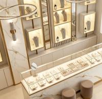 China Custom Jewelry Display Showcase Big Mall Brand Shop LED Lighting Paint Wood Glass Black Gold Commercial Display for sale